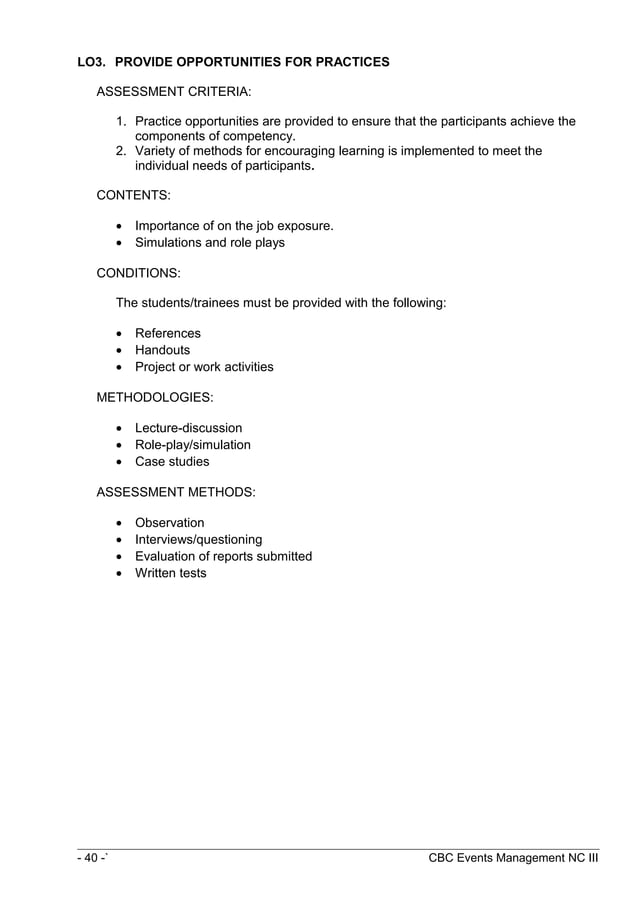 Modules of instruction events management nc iii | DOC