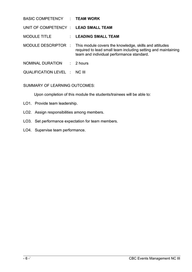 Modules of instruction events management nc iii | DOC
