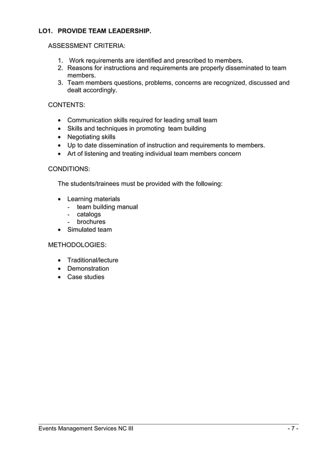 Modules of instruction events management nc iii | DOC