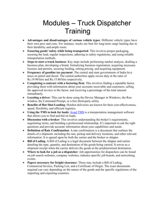 Modules – Truck Dispatcher Training- Avaal Technology | PPT
