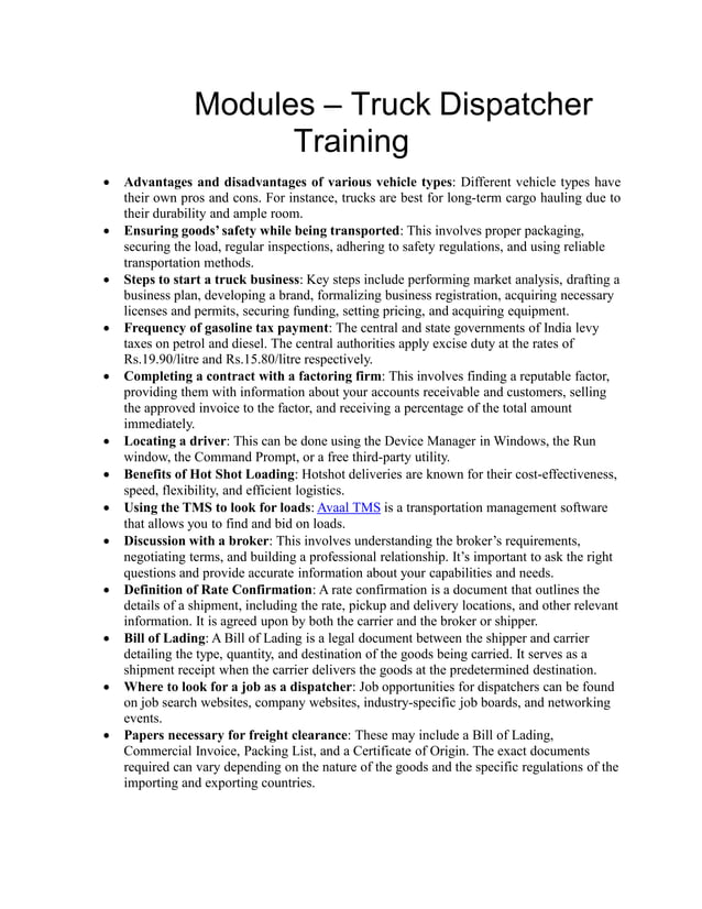 Modules – Truck Dispatcher Training- Avaal Technology | PPT | Logistics ...