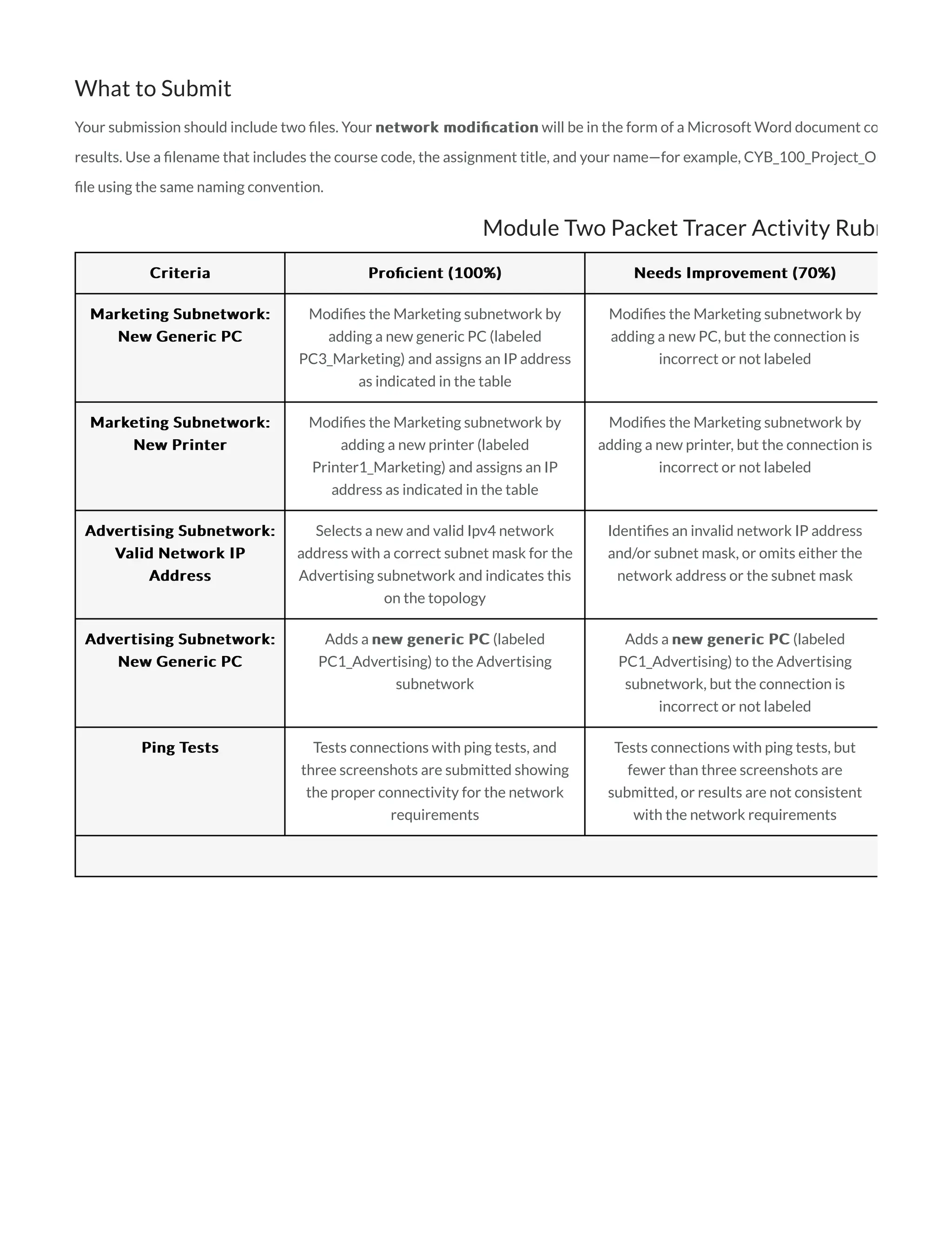 Module Two Packet Tracer Activity Guidelines and Rubric - CYB-210-11367 ...