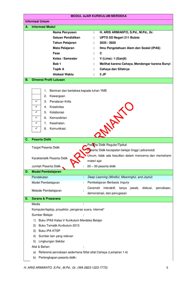 MODUL PEMBELAJARAN DEEP LEARNING ILMU PENGETAHUAN ALAM & SOSIAL (IPAS) KELAS 5 CP 032 REVISI ...