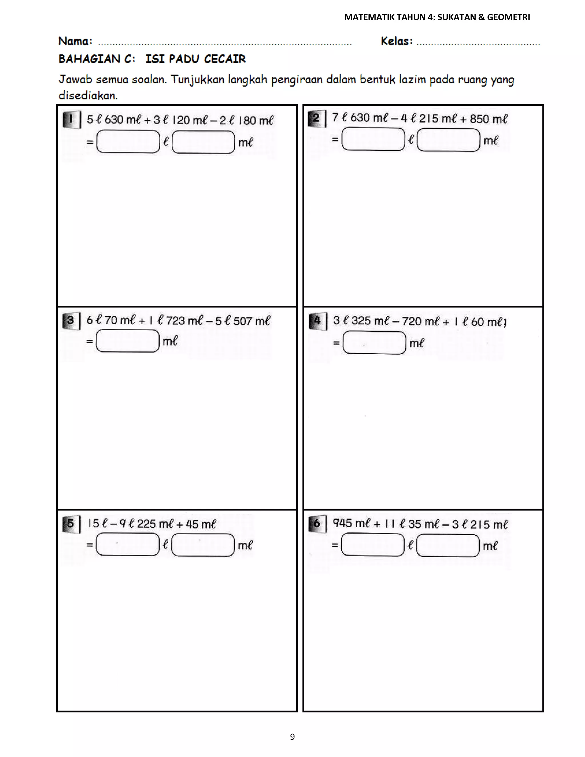 Isi Padu Cecair - Matematik Tahun 4 | PDF