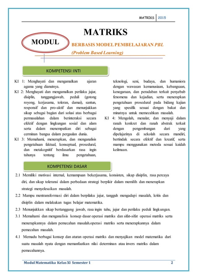 modul matematika berbasis problem based learning pada materi matriks kelas x MIA | DOCX