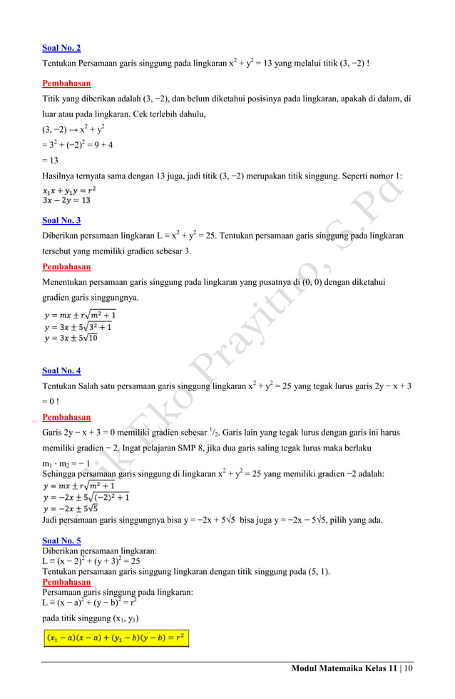 Modul kd.3.21. Persamaan Lingkaran SMA/SMK Kelas XI | PDF