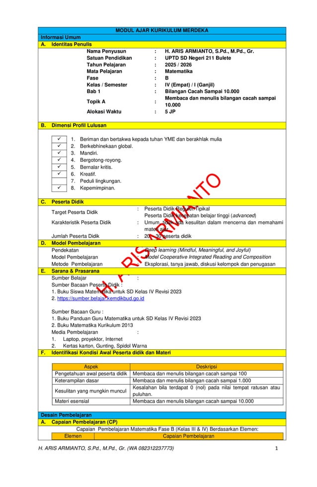 MODUL PEMBELAJARAN DEEP LEARNING MATEMATIKA KELAS 4 REVISI TERBARU CP 032 KURIKULUM MERDEKA ...
