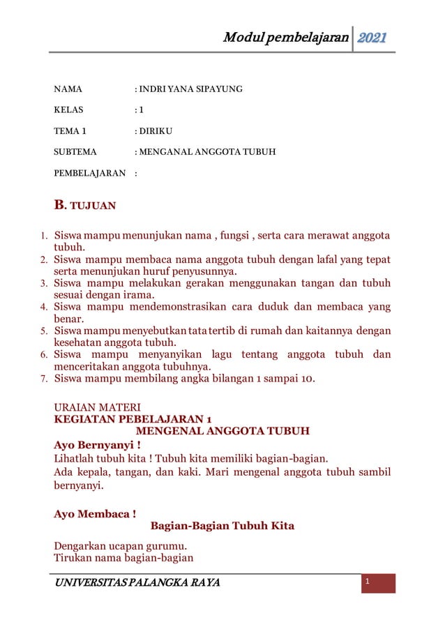 Modul media pembelajaran indri yana sipayung dengan tema 1 (diriku) dan ...