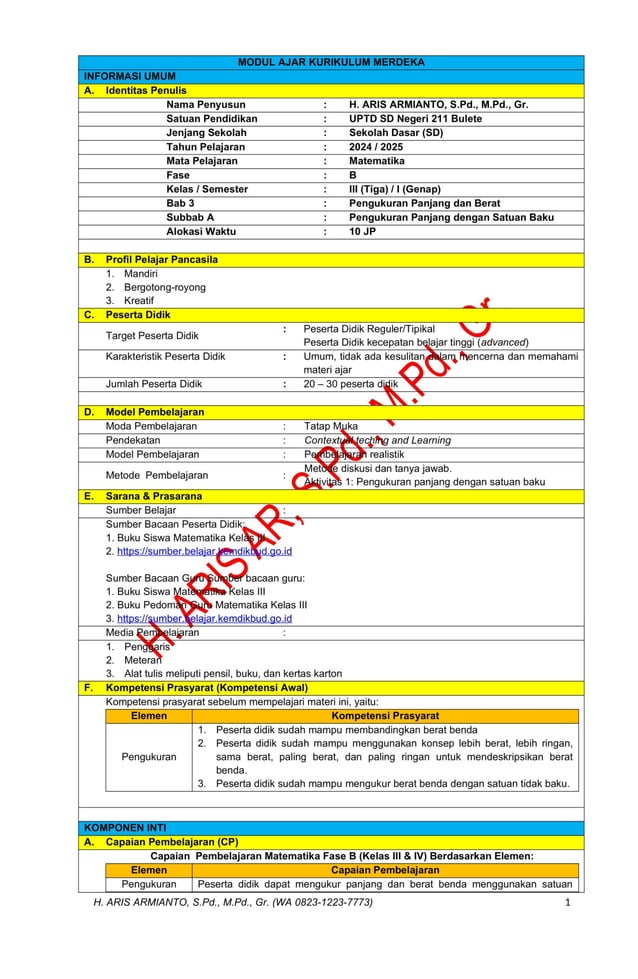 Modul Ajar Matematika Kelas 3 Cp 032 Pdf
