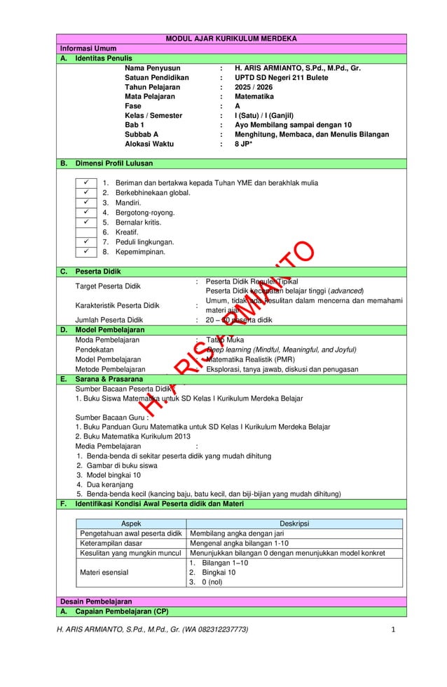 MODUL PEMBELAJARAN DEEP LEARNING MATEMATIKA KELAS 1 CP 032 REVISI 2025 KURIKULUM MERDEKA ...