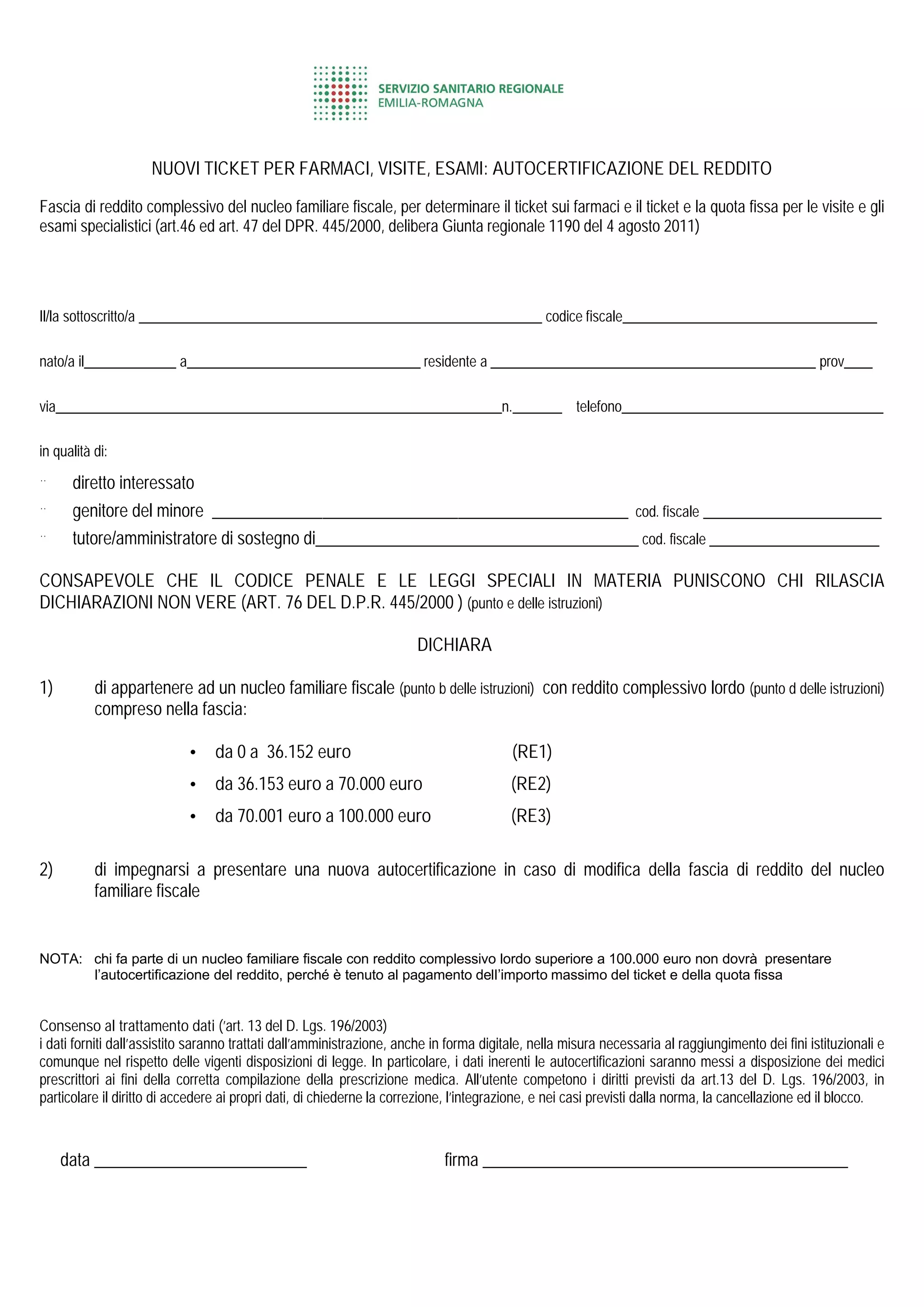 Modulo Autocertificazione Reddito Ticket Sanitari | PDF