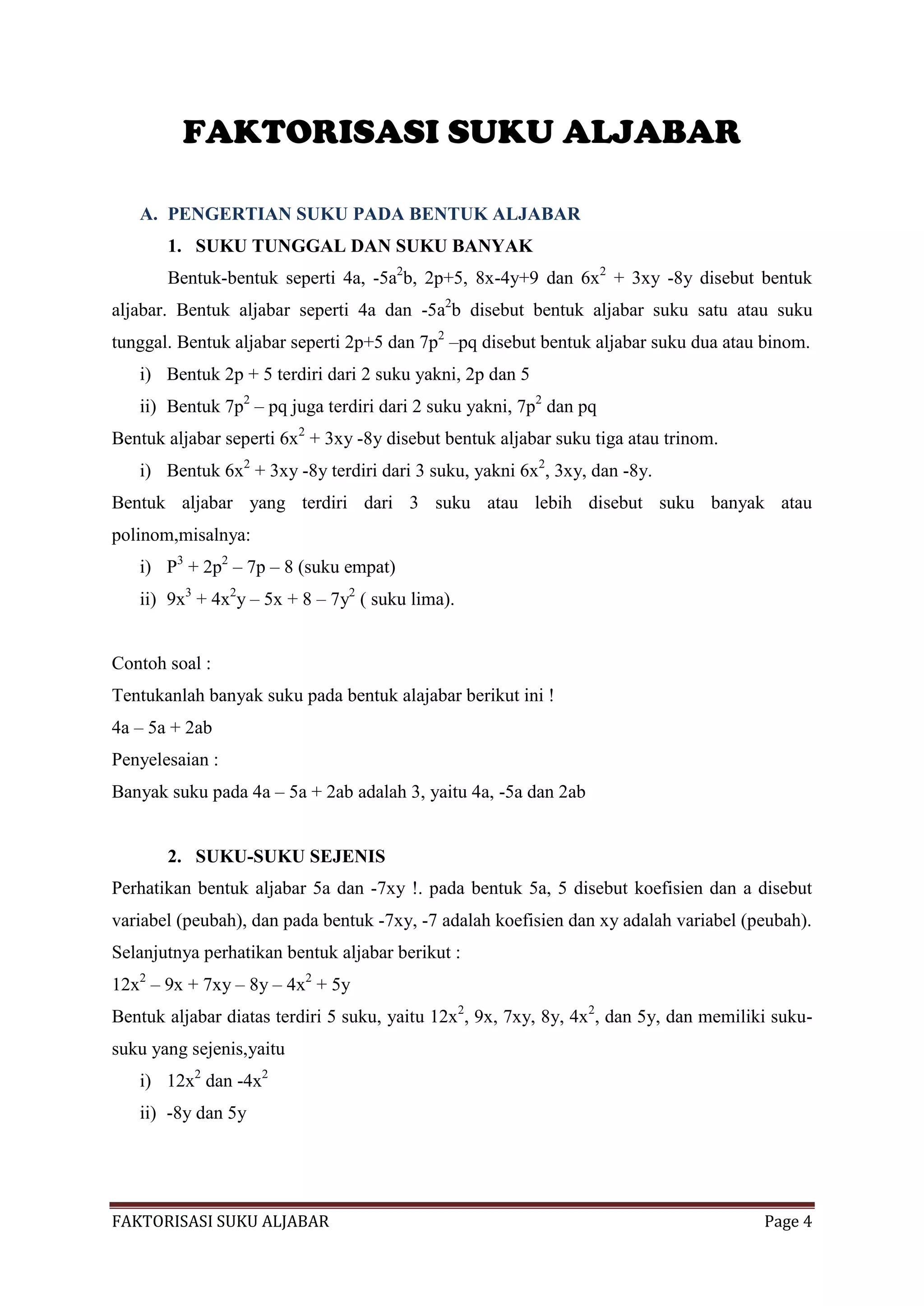 Modul operasi dan faktorisasi hitung aljabar | DOCX