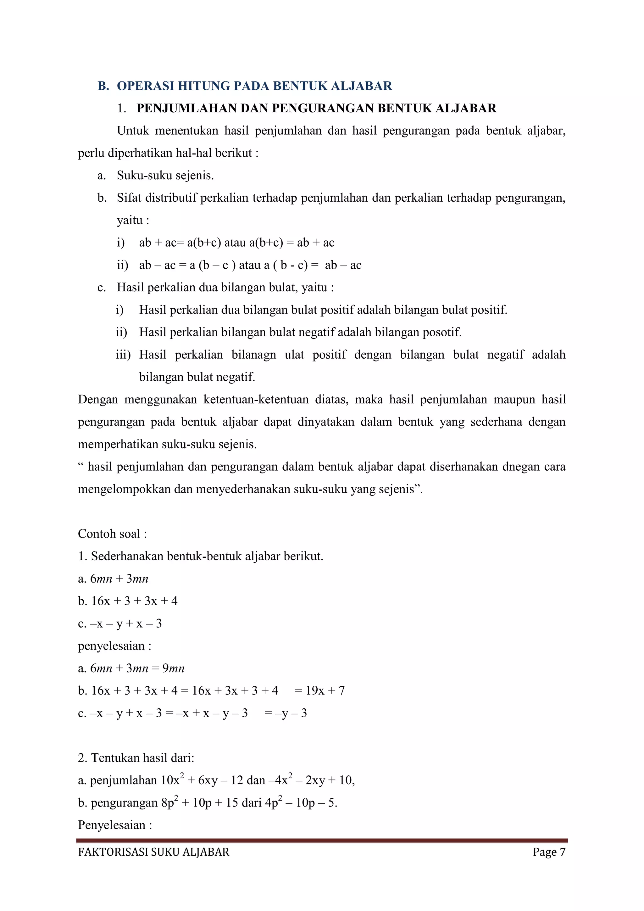 Modul operasi dan faktorisasi hitung aljabar | DOCX
