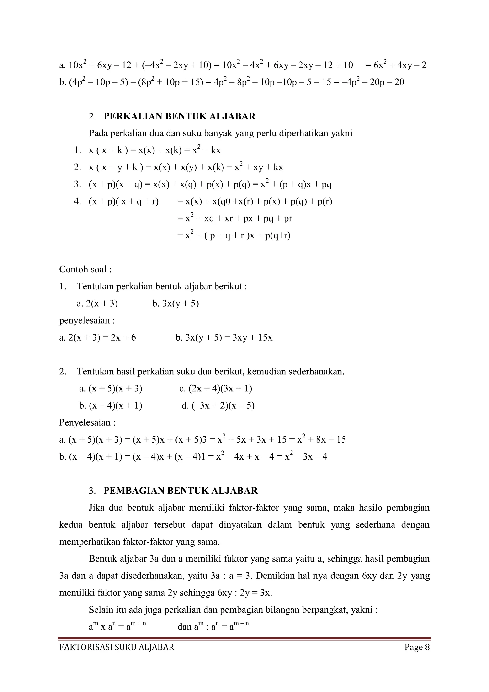 Modul operasi dan faktorisasi hitung aljabar | DOCX