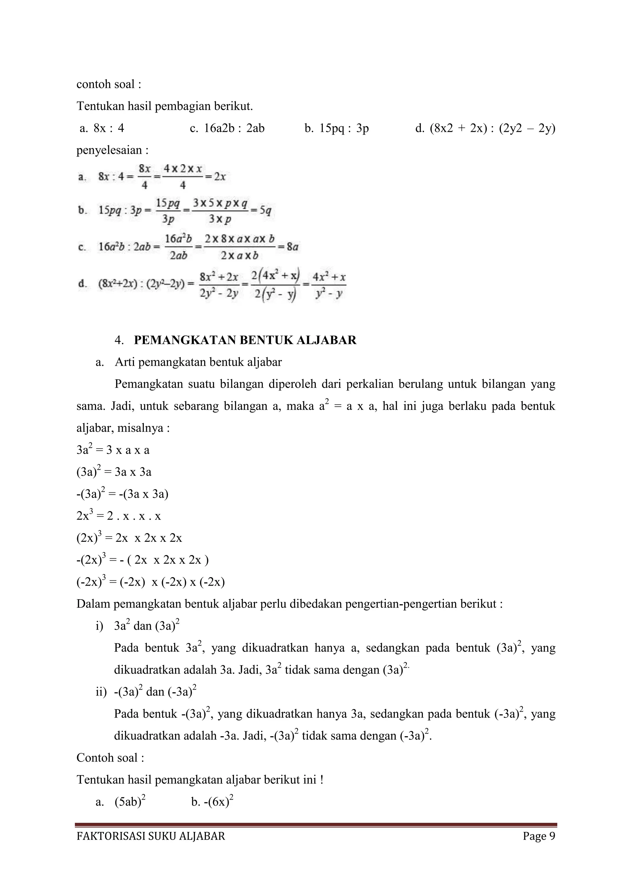Modul operasi dan faktorisasi hitung aljabar | DOCX