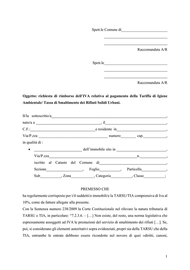 Modulo richiesta rimborso iva su tarsu | PDF