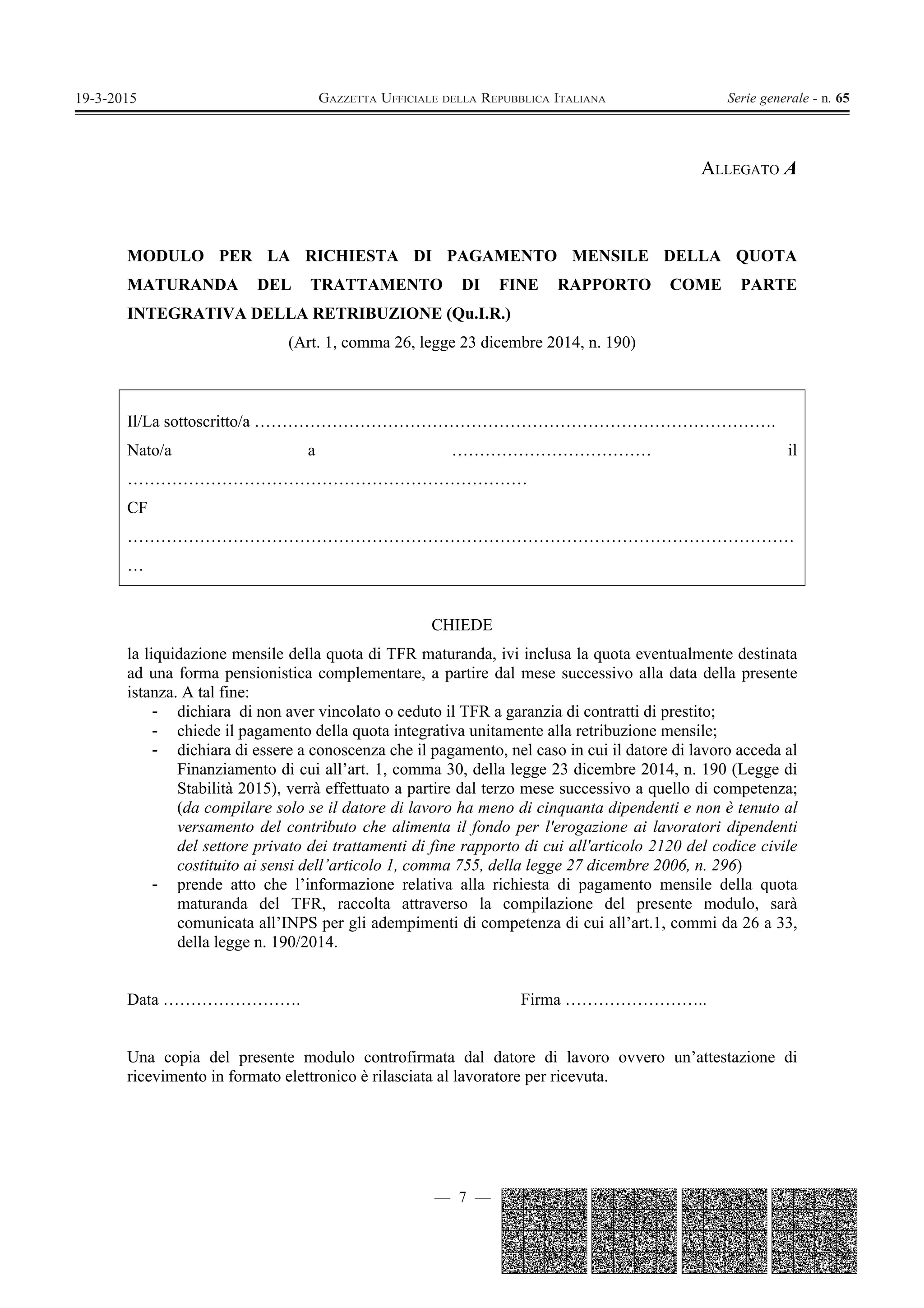 Modulo richiesta tfr in busta paga | PDF
