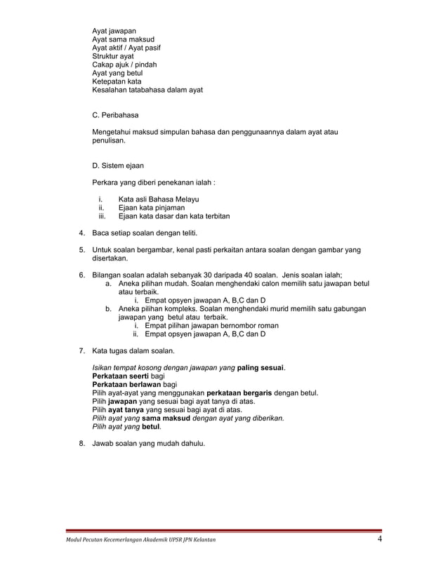 Modul pecutan kecemerlangan akademik bahasa melayu upsr 201 | DOC