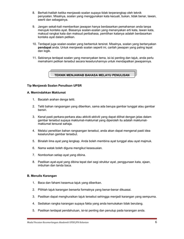 Modul pecutan kecemerlangan akademik bahasa melayu upsr 201 | DOC