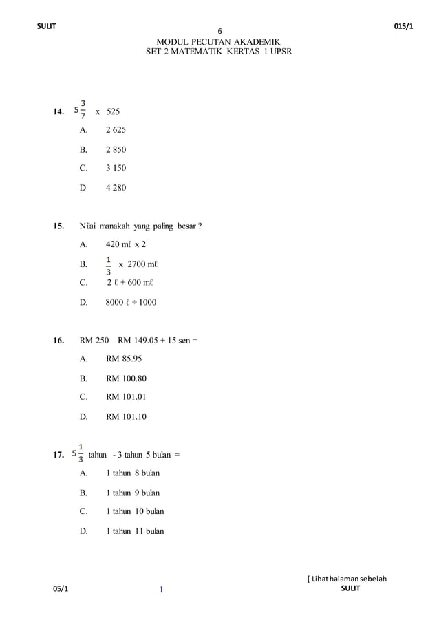 Modul pecutan upsr matematik | DOC