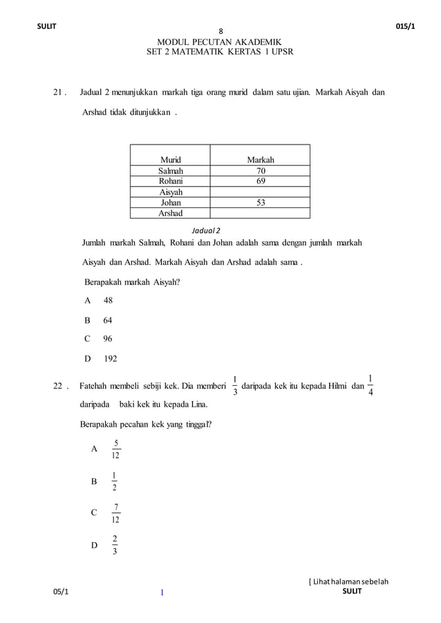 Modul pecutan upsr matematik | DOC