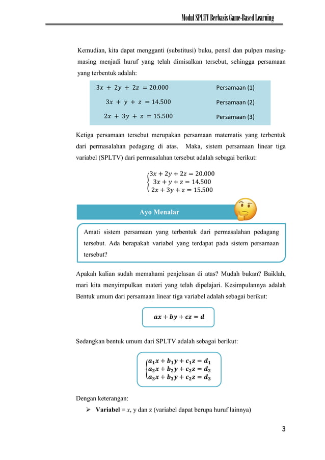 MODUL PEMBELAJARAN SPLTV BERBASIS GAME-BASED LEARNING | PDF