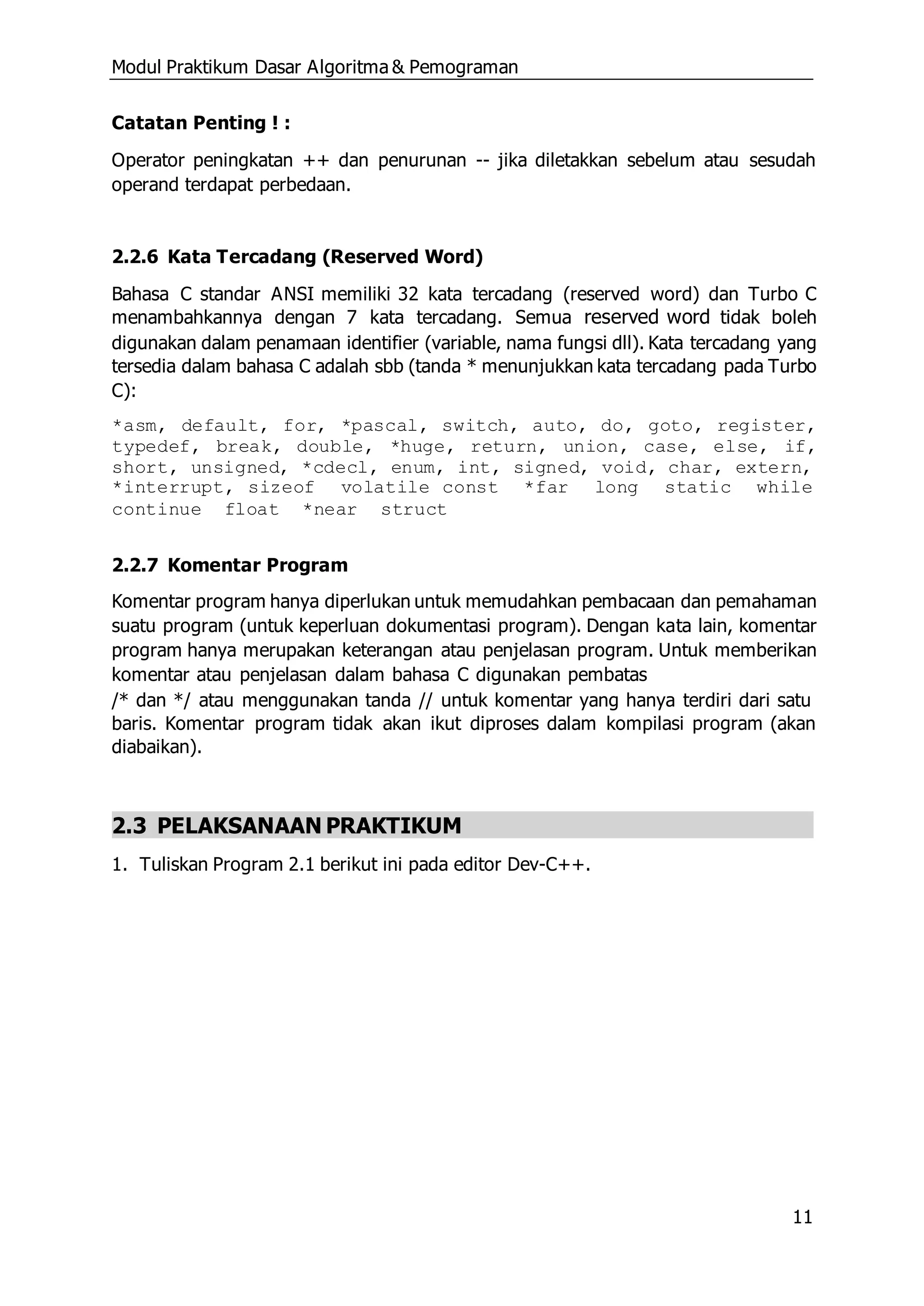 Modul praktikum dasar algoritma dan pemograman | DOCX