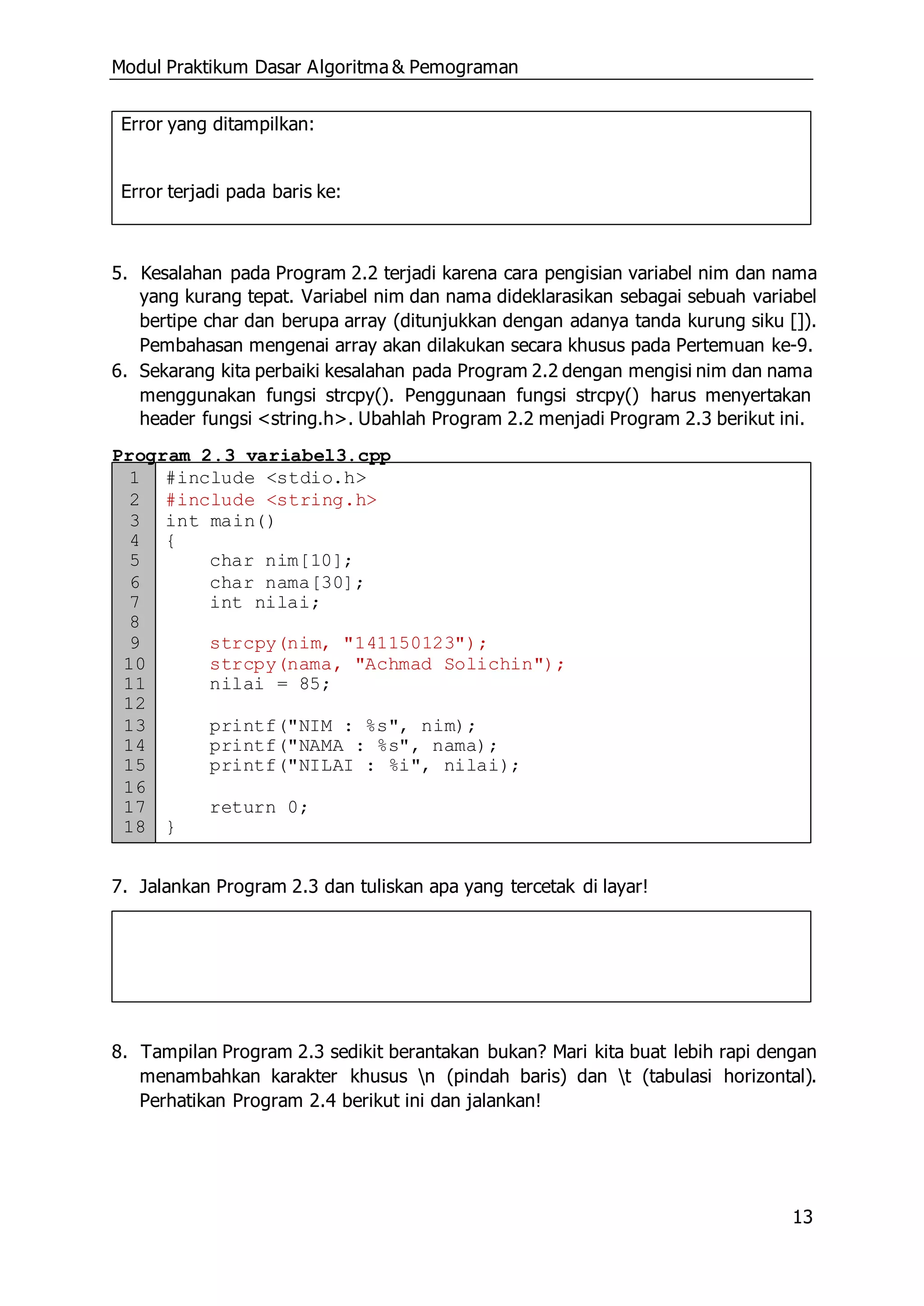 Modul praktikum dasar algoritma dan pemograman | DOCX