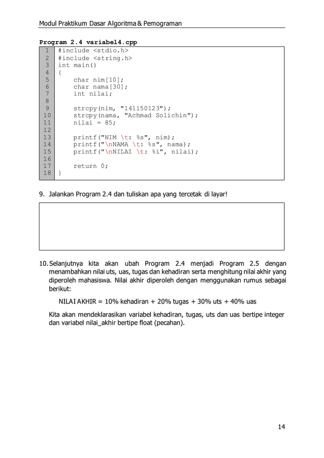 Modul praktikum dasar algoritma dan pemograman | DOCX