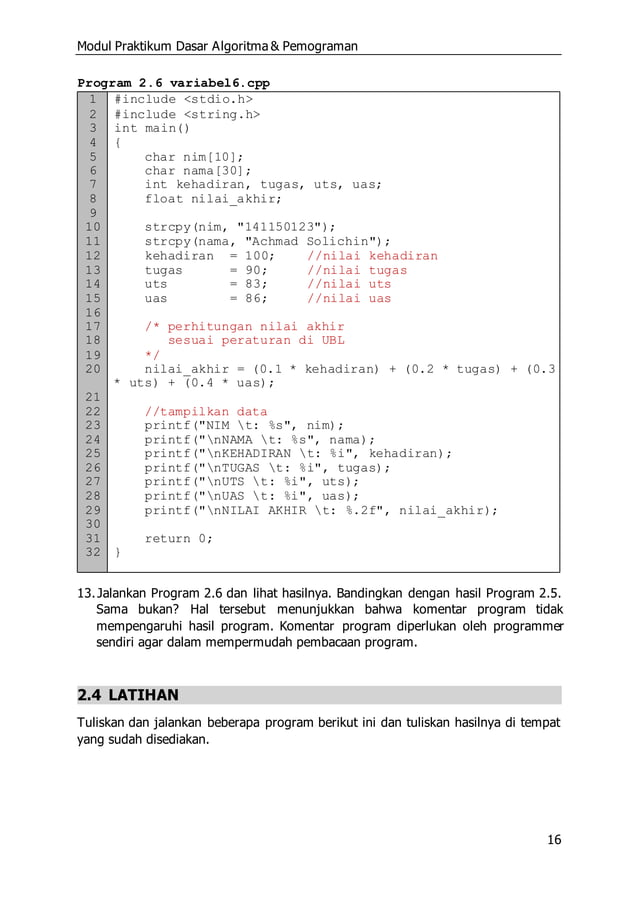 Modul praktikum dasar algoritma dan pemograman | DOCX