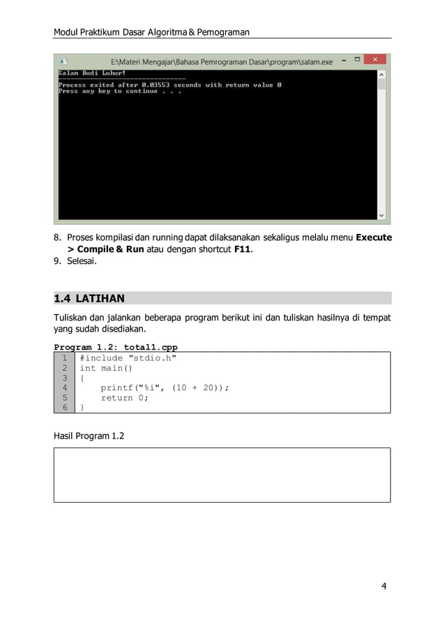 Modul praktikum dasar algoritma dan pemograman | DOCX