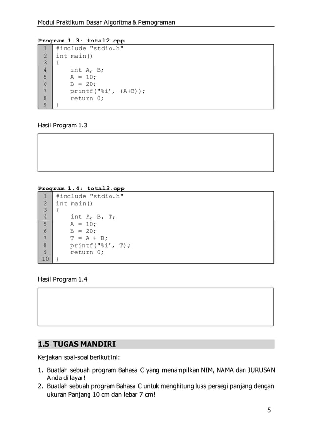 Modul praktikum dasar algoritma dan pemograman | DOCX