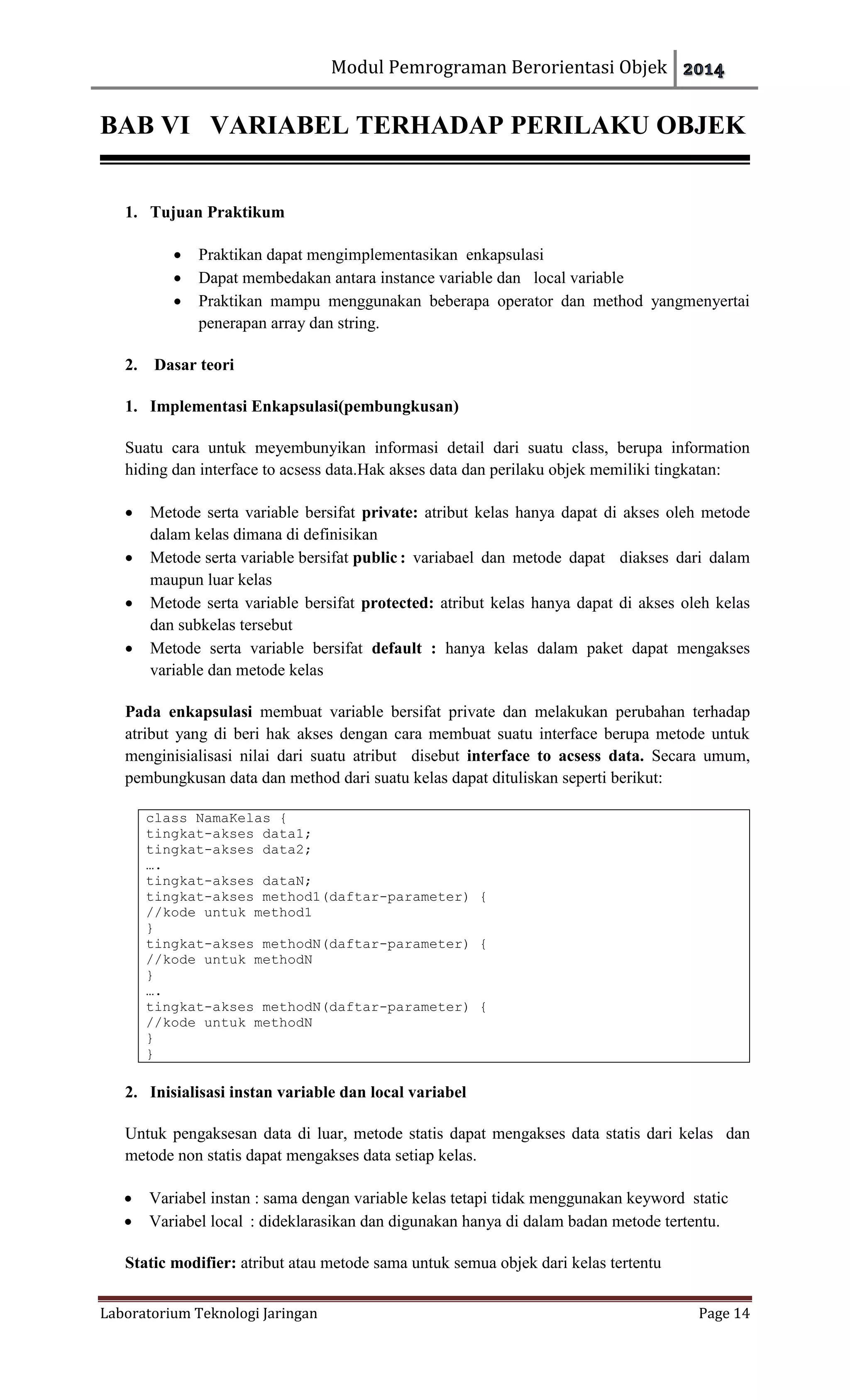Modul praktikum java pemrograman berorientasi objek | PDF