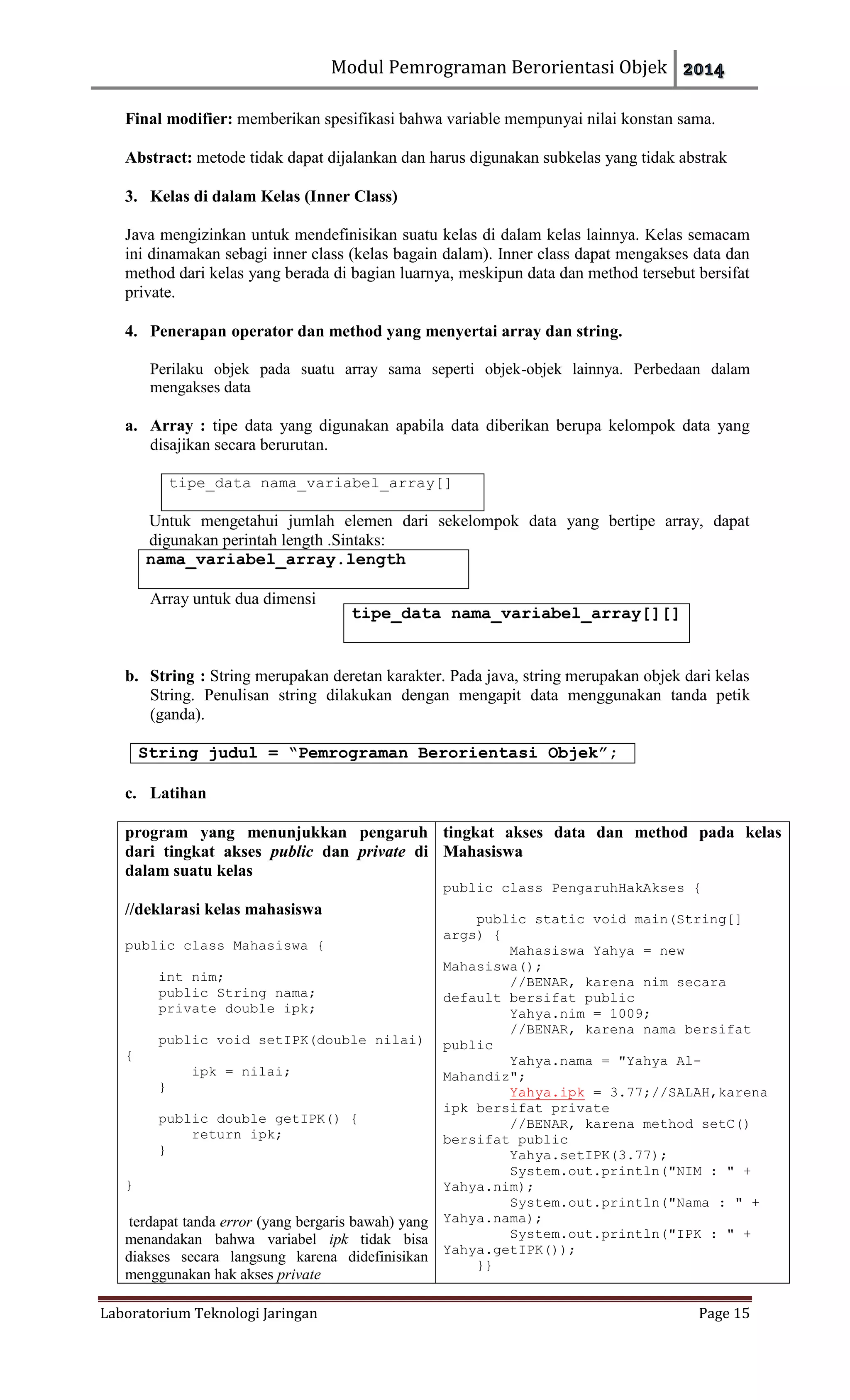 Modul praktikum java pemrograman berorientasi objek | PDF