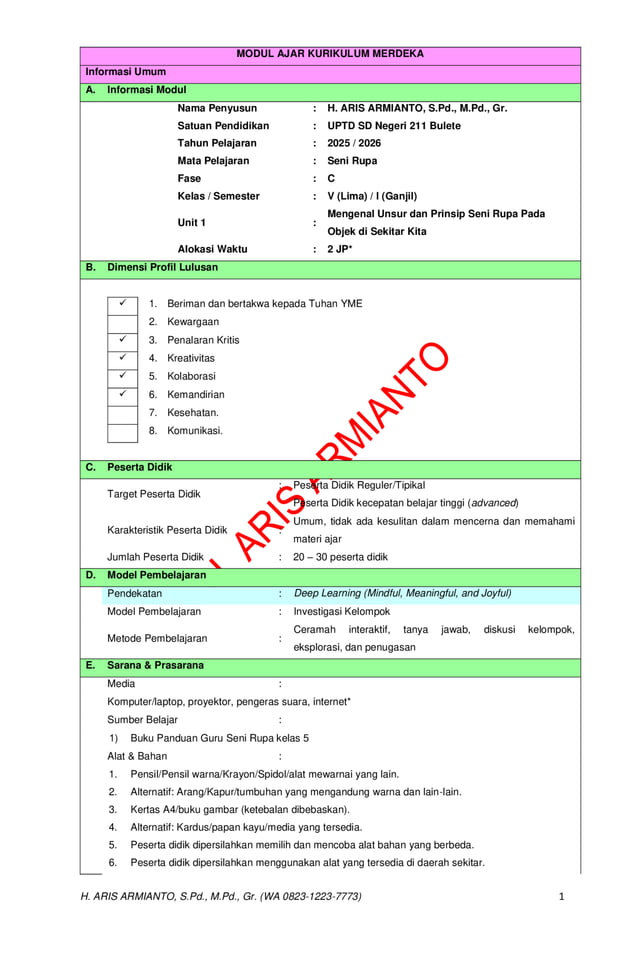 MODUL PEMBELAJARAN DEEP LEARNING SENI RUPA KELAS 5 CP 032 REVISI 2025 KURIKULUM MERDEKA SEMESTER ...