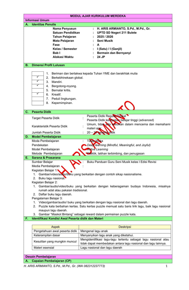 MODUL PEMBELAJARAN DEEP LEARNING SENI MUSIK KELAS 1 CP 032 REVISI 2025 KURIKULUM MERDEKA ...