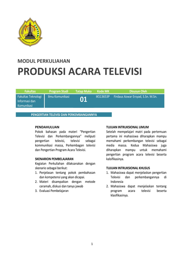 MODUL TEORI PRODUKSI ACARA TELEVISI | PDF