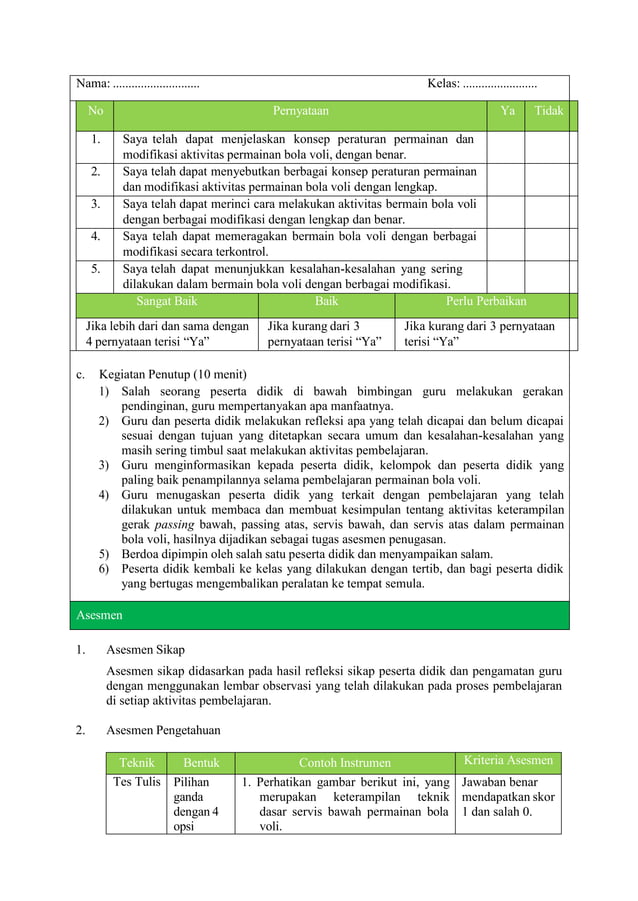 modul PJOK materi pembelajaran permainan bola voli smk kelas 10 | DOCX