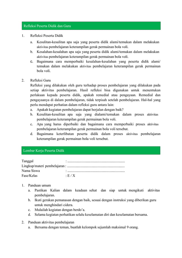 modul PJOK materi pembelajaran permainan bola voli smk kelas 10 | DOCX