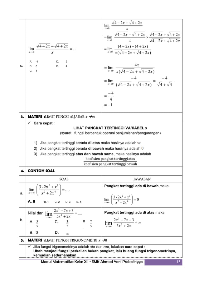 Modul Limit Fungsi Aljabar SMK XII | PDF