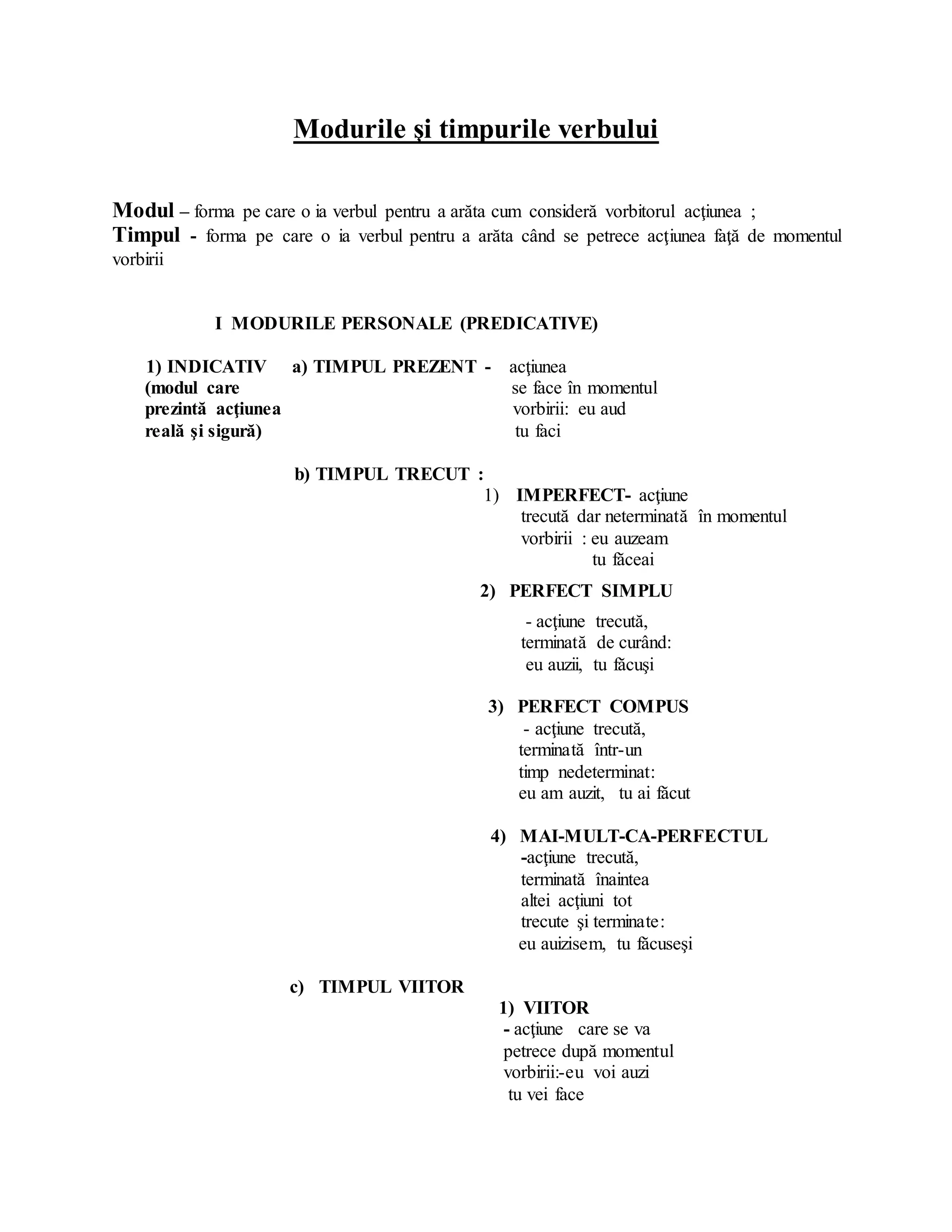 Modurile şi timpurile verbului | DOCX