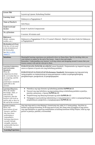 Detailed Lesson PLan in ESP 9 ILAW Format modyul 1 Kabutihang Panlahat ...