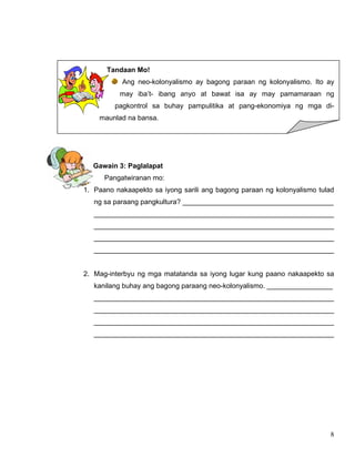Modyul 10 neo-kolonyalismo ang bagong uri o pamamaraang ko (1) | PDF