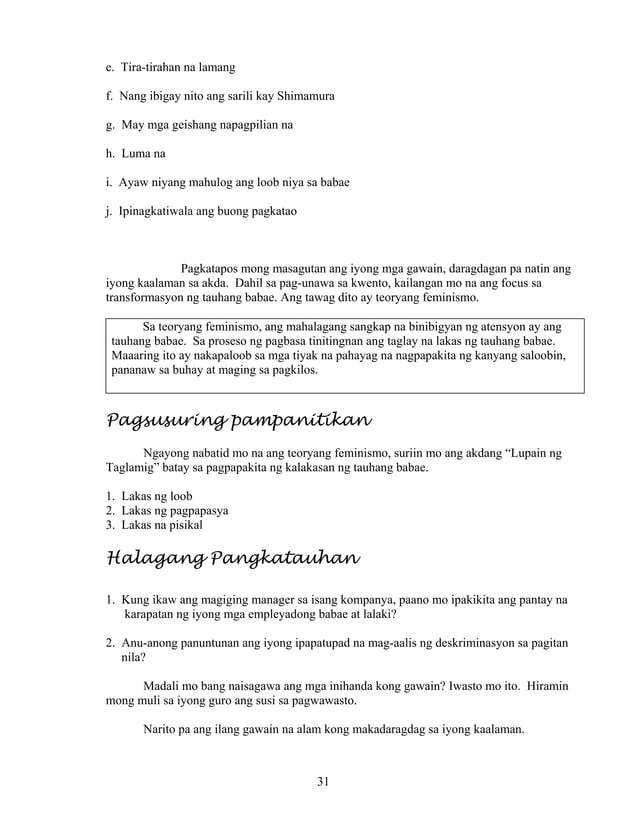 Modyul 14 pagsusuri ng akda batay sa teoryng feminismo | PDF