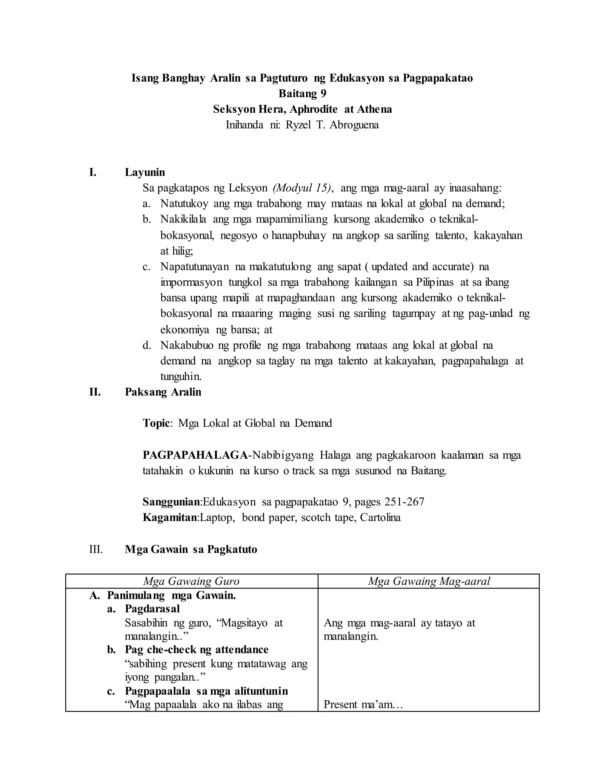 Modyul 15 banghay aralin Edukasyon sa pagpapakatao grade 9 | DOCX