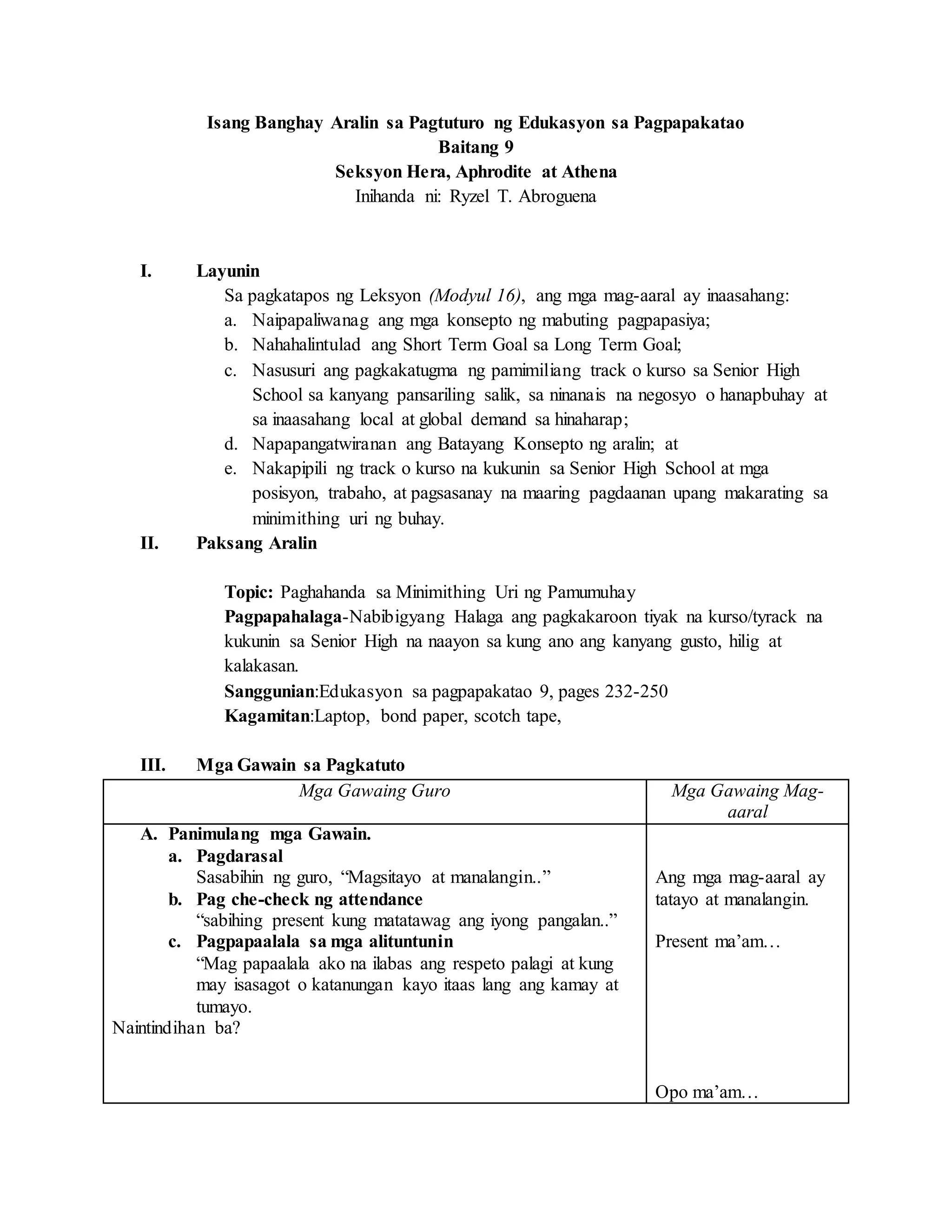 Modyul 16 banghay aralin | DOCX