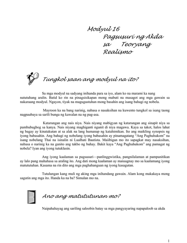 Modyul 16 pagsusuri ng akda batay sa teoryang realismo | PDF