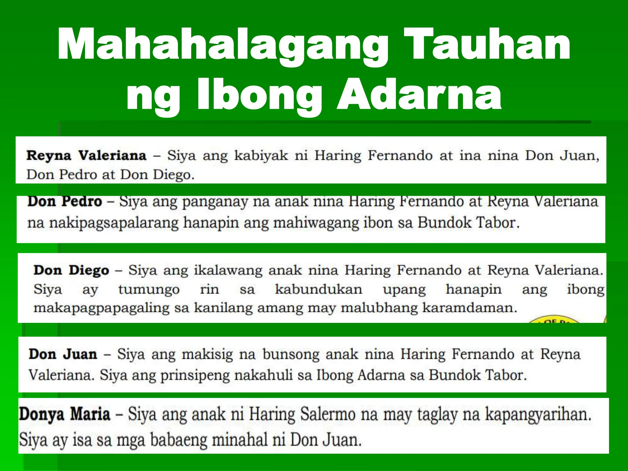 Modyul 2 Mahahalagang Tauhan Ng Ibong Adarna Ppt