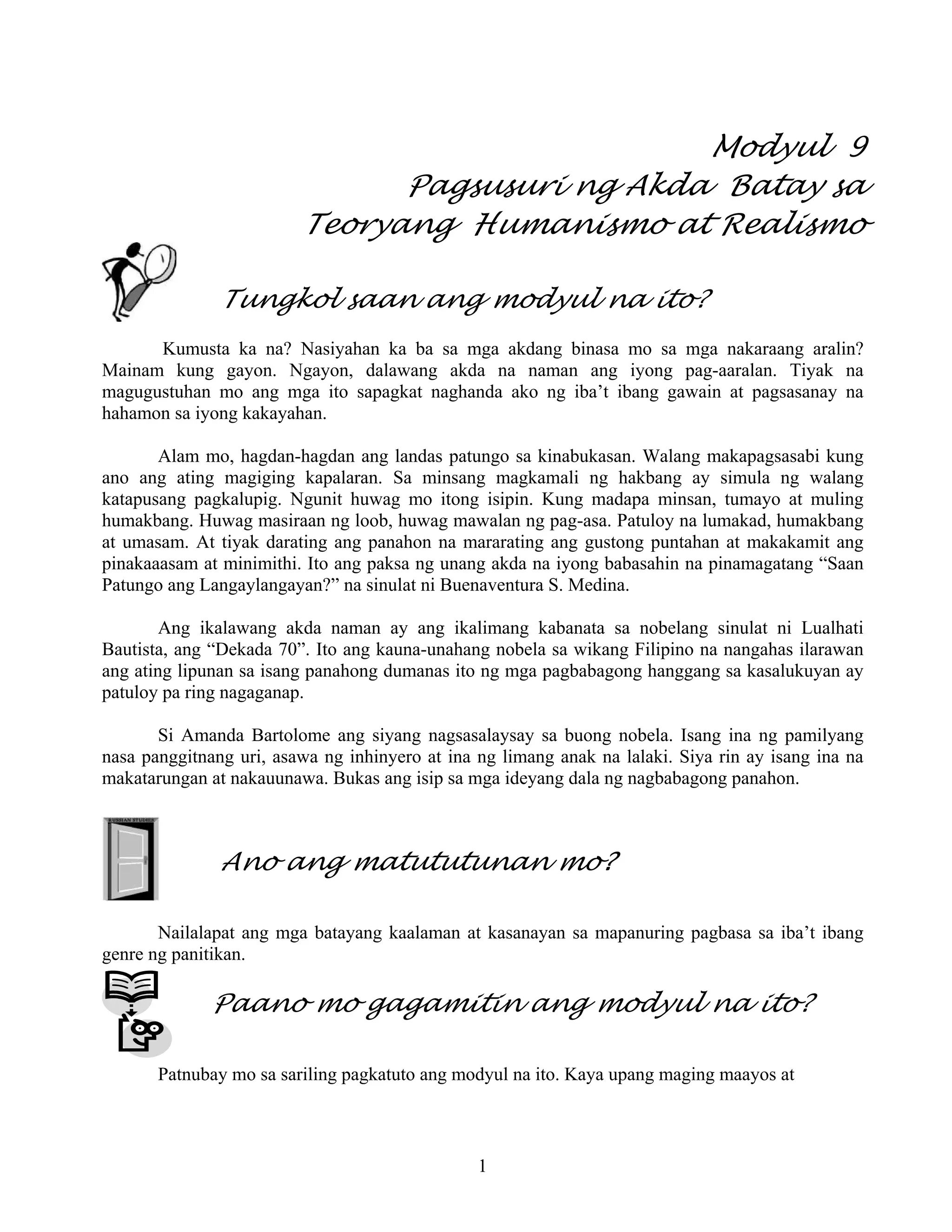 Modyul 9 pagsusuri ng akda batay sa teoryang humanismo at re | PDF