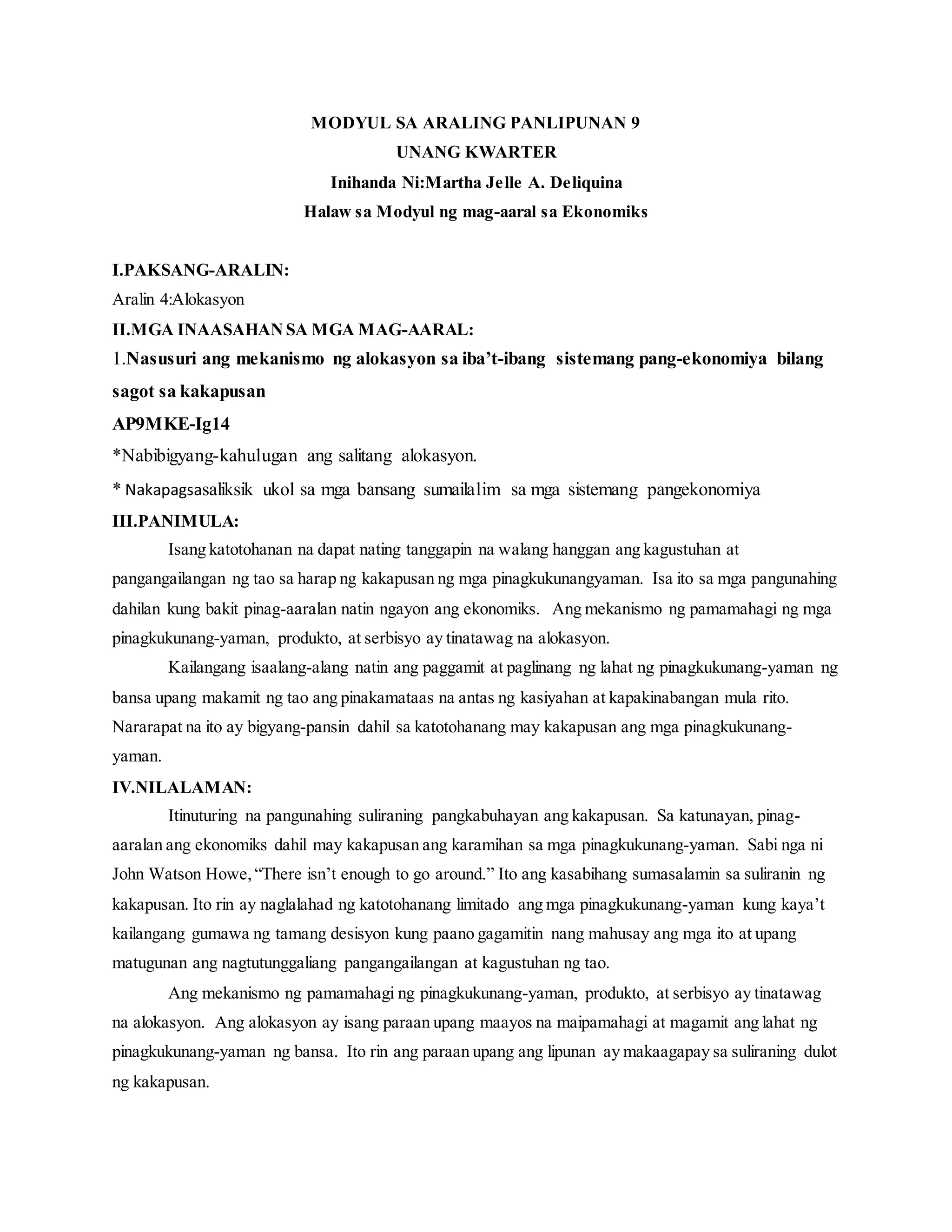 Modyul araling anlipunan 9 aralin 4 alokasyon | DOCX